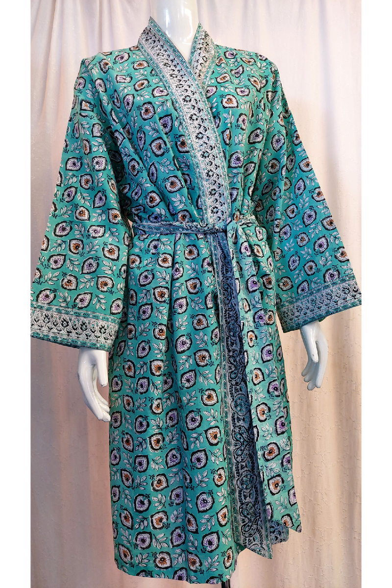 Anokhi Midi Kimono Robe – Turquoise – Lullaby New Zealand